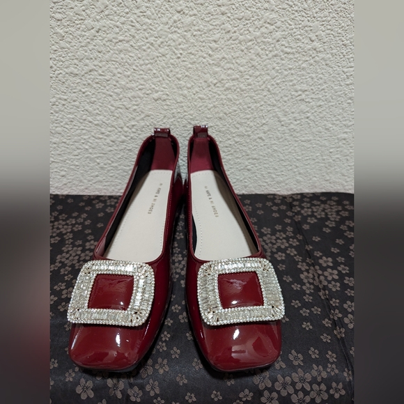 Shoes | Red Shiny Patent Leather Flat Shoes With Square Fake Diamond ...